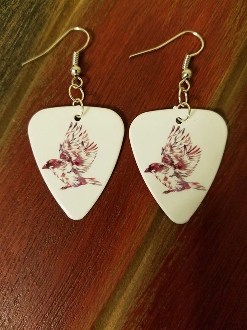 Beautiful bird feather flower design guitar pick earrings | Etsy