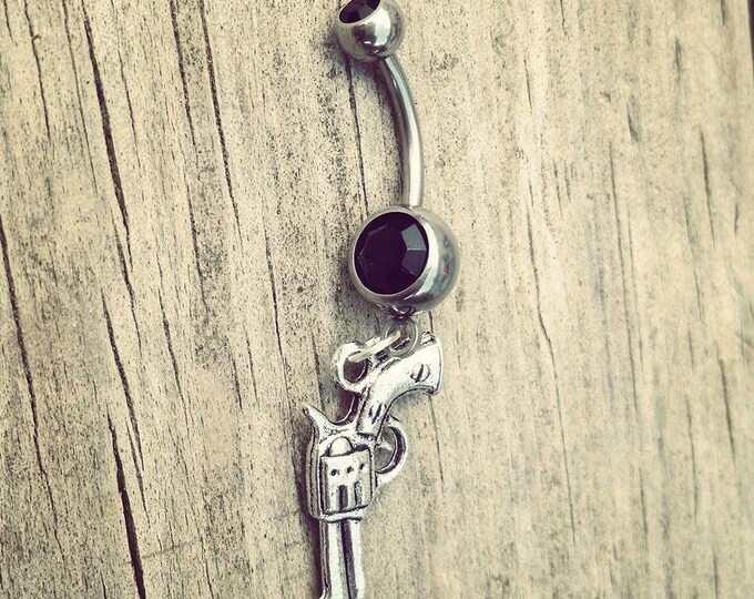 Pistol Gun Dangle Belly Button Ring With Black Cz Stone Silver Surgical ...