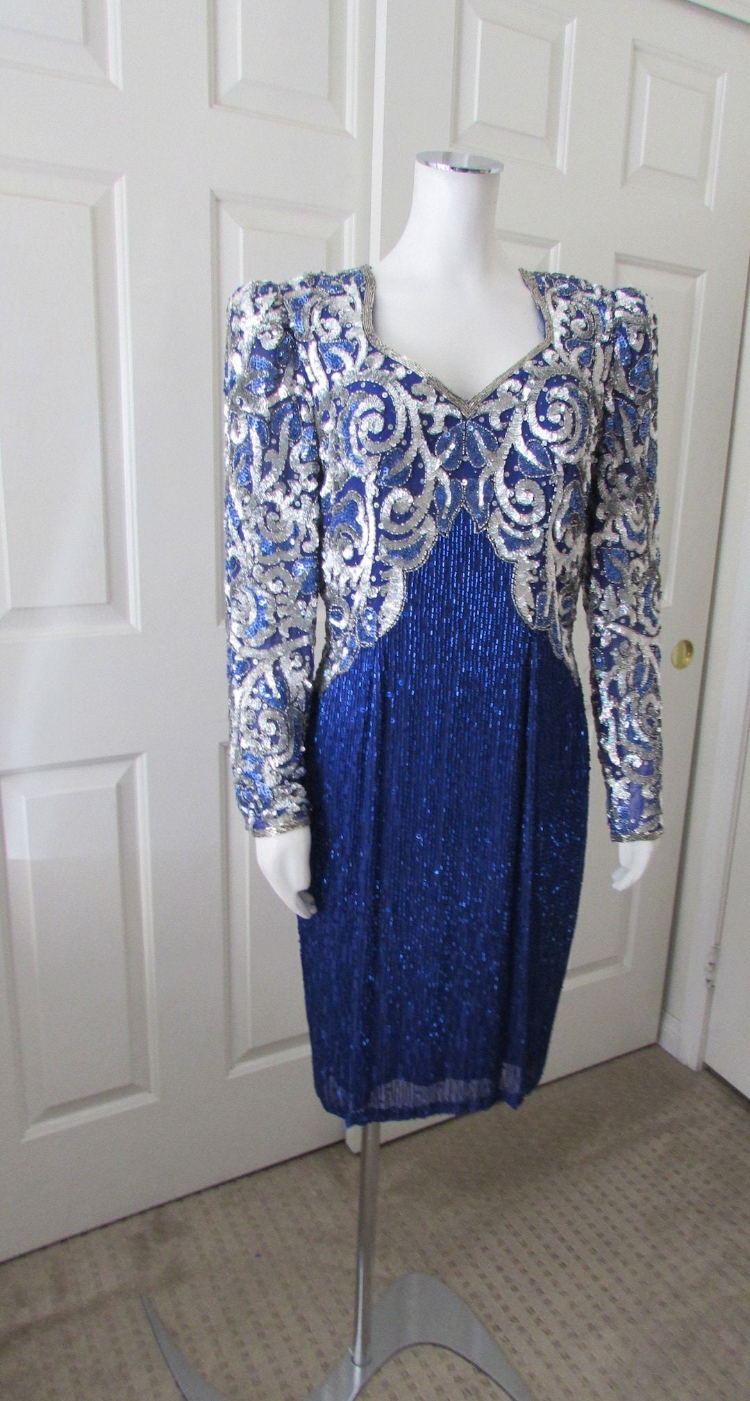 DRESS RETRO 1970s Sequined Blue Party Event Costume Jacqueline Farr ...