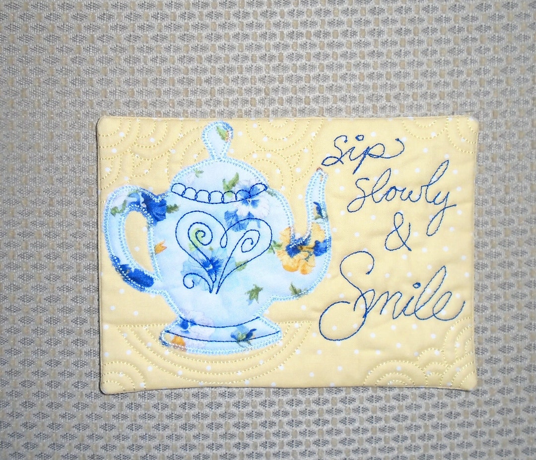 Teapot Mug Rug-with Light Yellow Polka Dot Fabric and Pansies Print ...