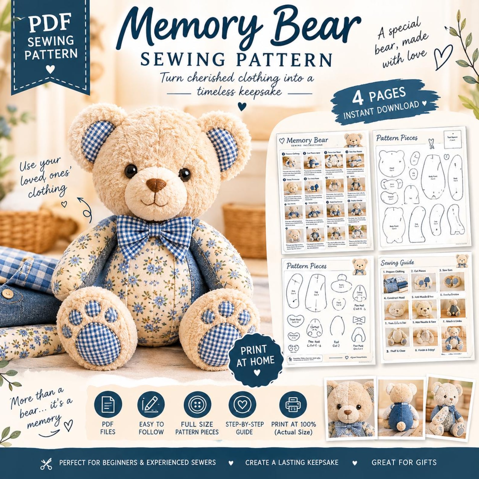 Memory Bear Sewing Pattern PDF | Keepsake Teddy Bear Pattern | Memory ...