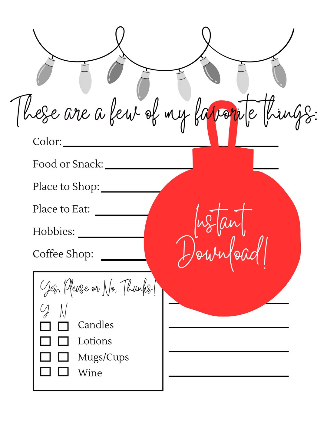 Christmas Themed Favorite Things Color and B&W Printable for Teachers ...
