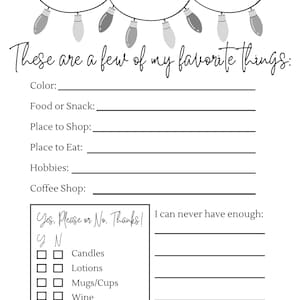 Christmas Themed Favorite Things Color and B&W Printable for Teachers ...
