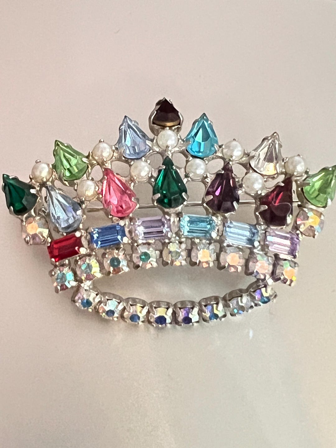 Vintage B.DAVID Jeweled CROWN Brooch Multi-color Rhinestones and Faux ...