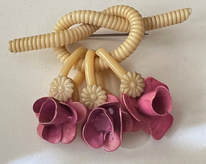1930s Vintage CELLULOID Dangle FLOWER Brooch Pink Dangling 3 ...
