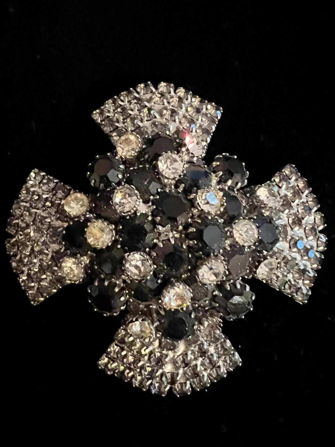 60s Vintage RHINESTONE MALTESE CROSS Brooch Clear Black & Smoky Gray ...