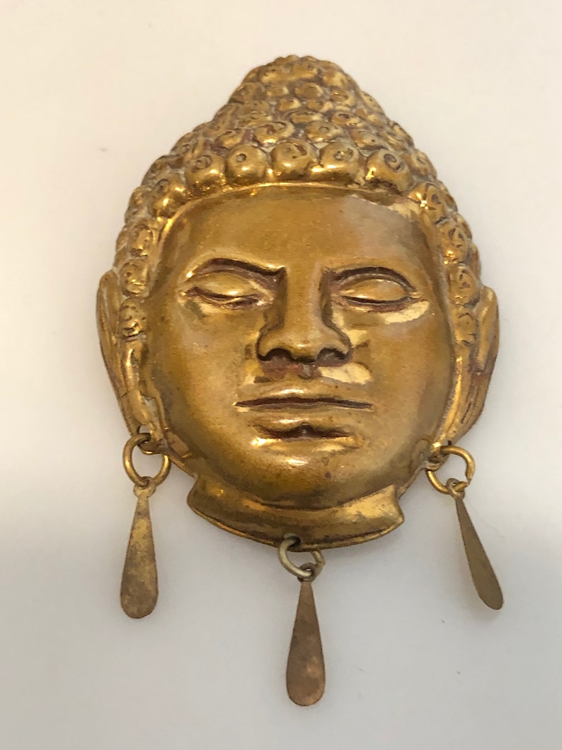1940s Vintage BUDDHA Pin Brass Buddha Brooch With Dangles Buddha FACE ...