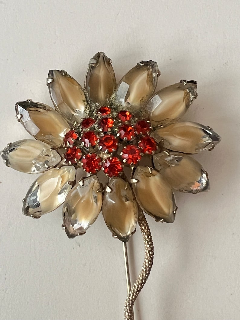 60s Vintage Rhinestone Flower Brooch Large Stemmed Flower Pin Givre