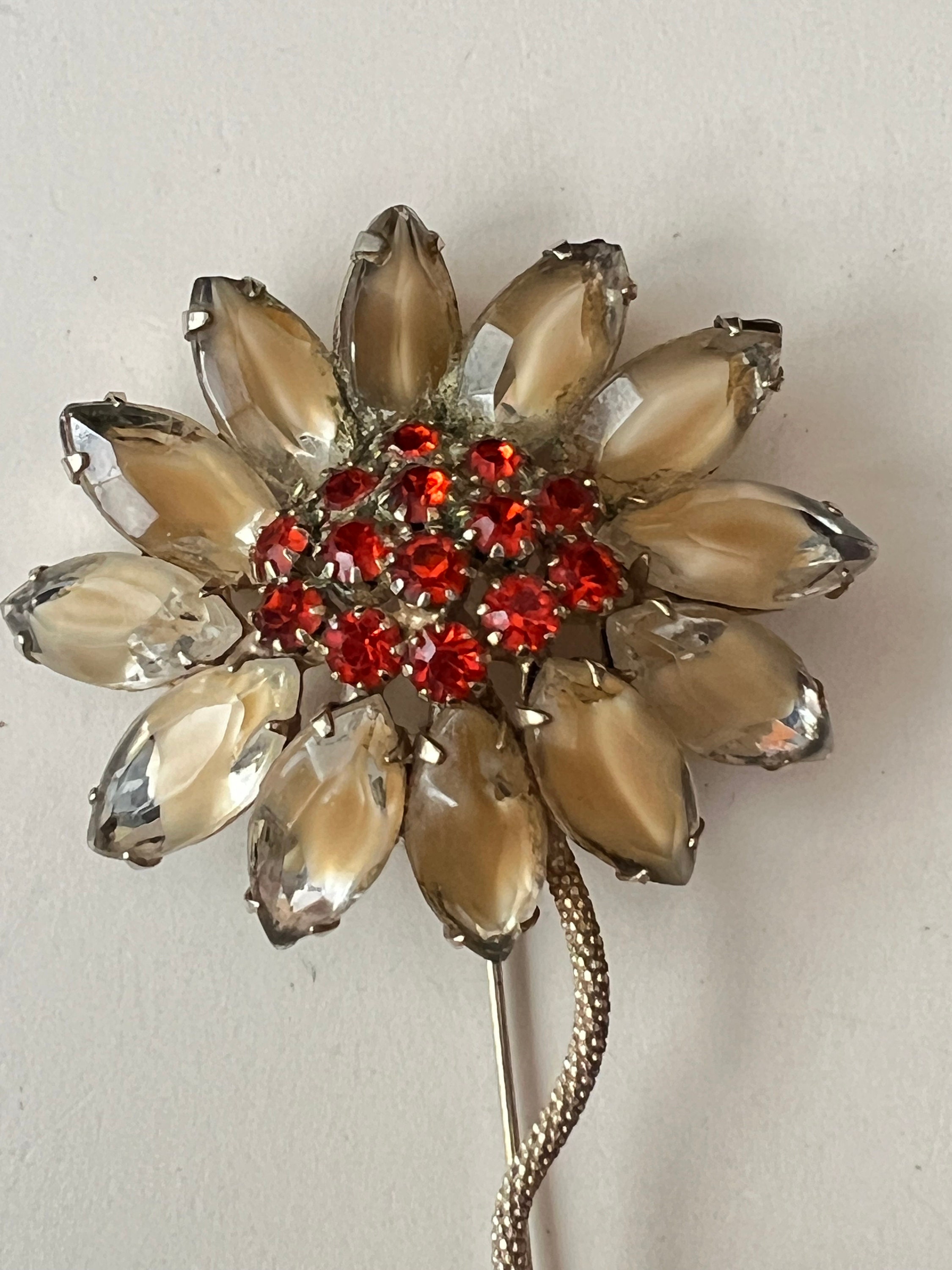 60s Vintage Rhinestone Flower Brooch Large Stemmed Flower Pin Givre