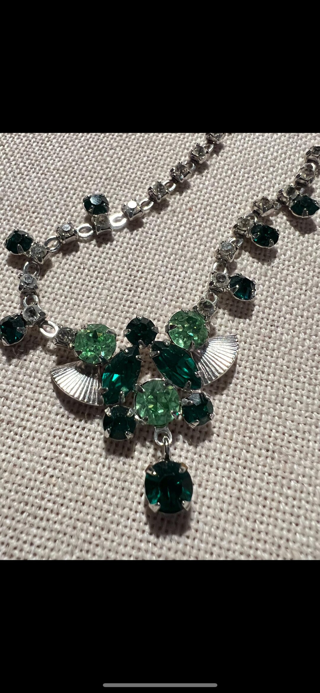 1950s Vintage LEO GLASS Rhinestone Necklace Two-toned Green & Clear ...