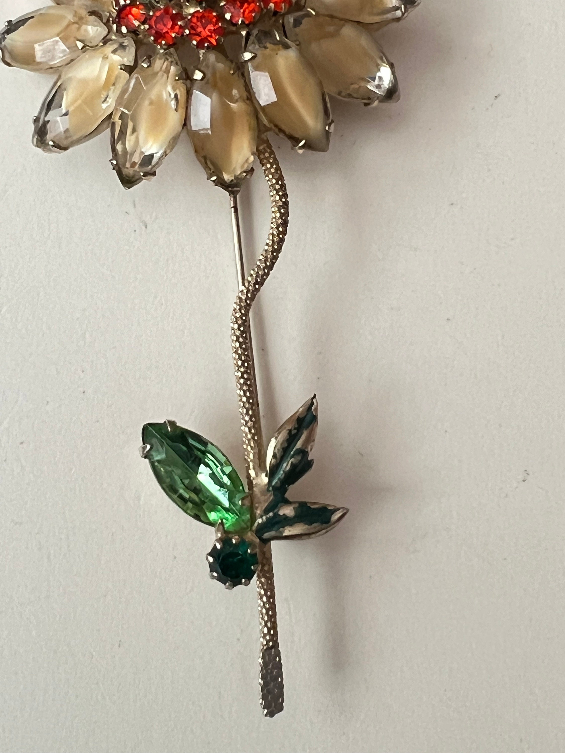 60s Vintage Rhinestone Flower Brooch Large Stemmed Flower Pin Givre