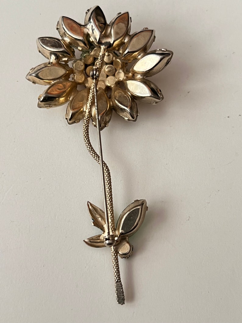 60s Vintage Rhinestone Flower Brooch Large Stemmed Flower Pin Givre