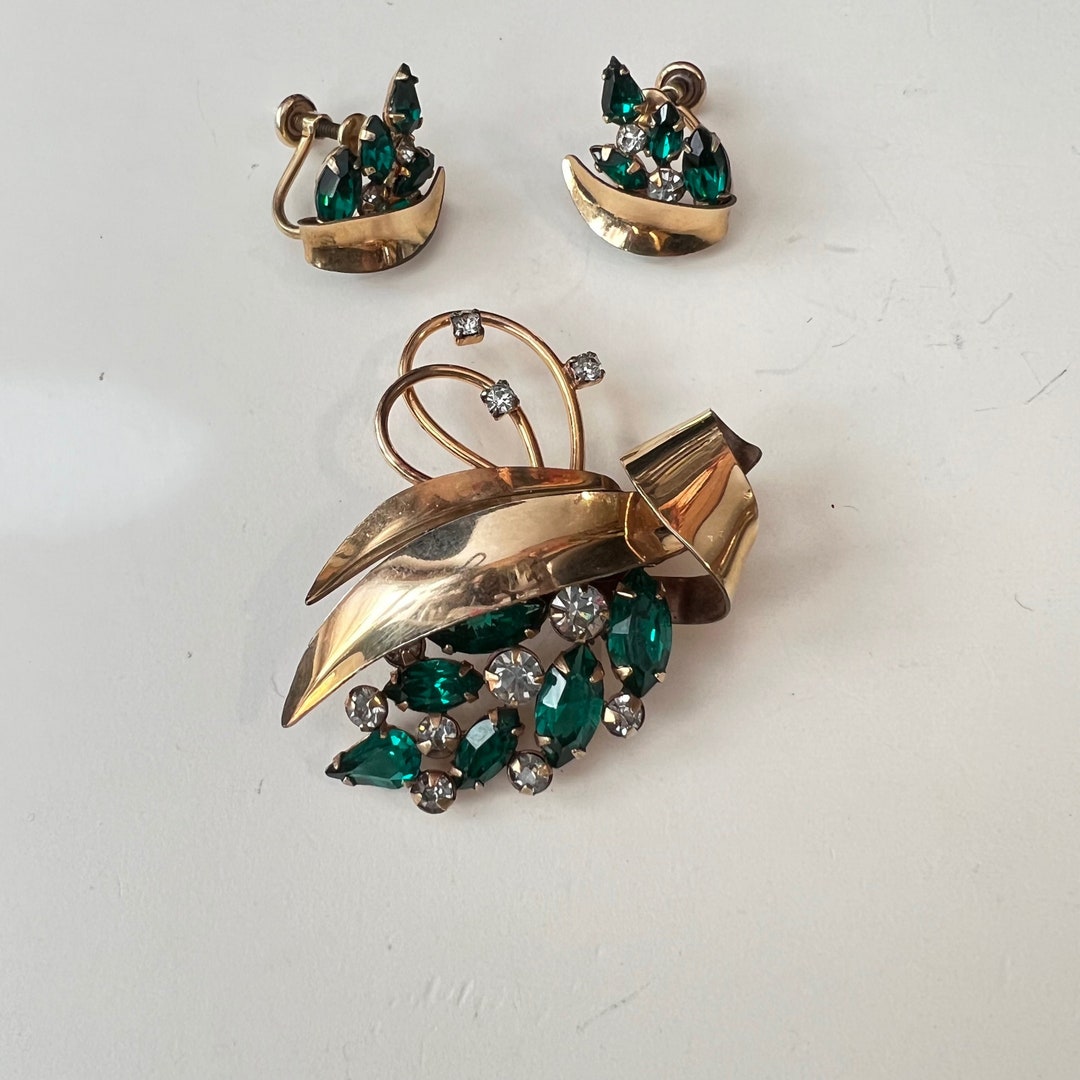 40s/50s Vintage GOLD FILLED Brooch & Earring Set RETRO Jewelry 1/20 12K ...