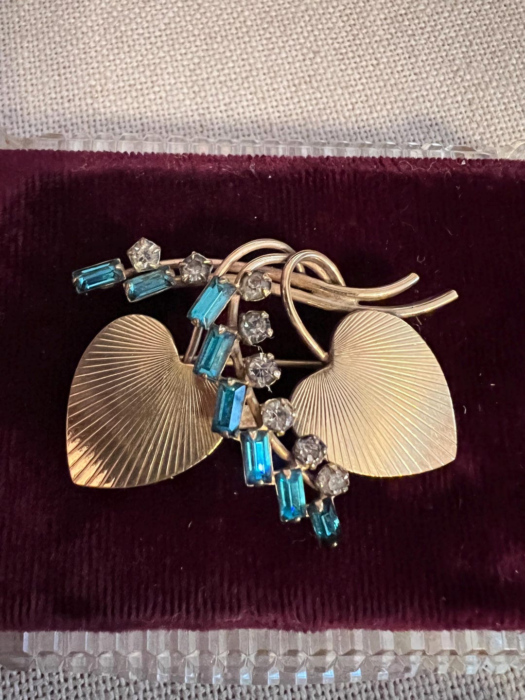 MCM Carl Art Gold Filled Double Heart Brooch: Aqua Rhinestone Accents ...