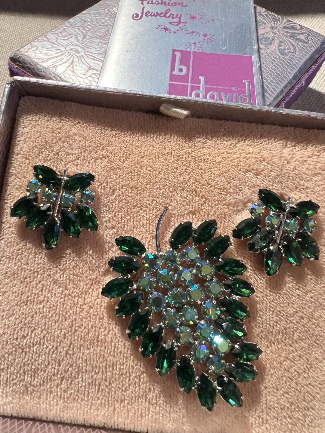 1960s Vintage B.DAVID Rhinestone LEAF Set in Original Box W/ Package ...