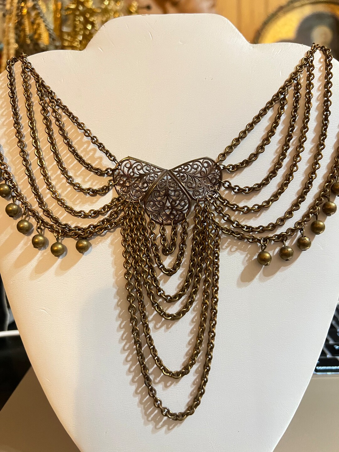 1930s Vintage BRASS FESTOON Necklace Filigree Focal Point Multiple ...