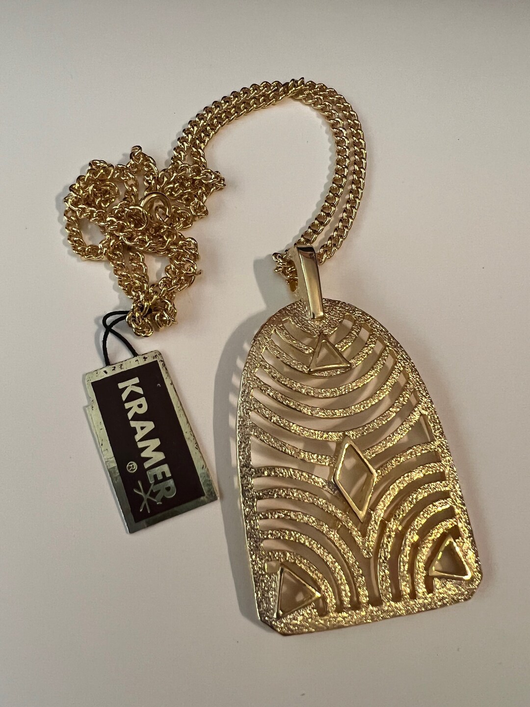 1970s Vintage KRAMER Pendant NECKLACE Textured Gold Plated OPENWORK ...