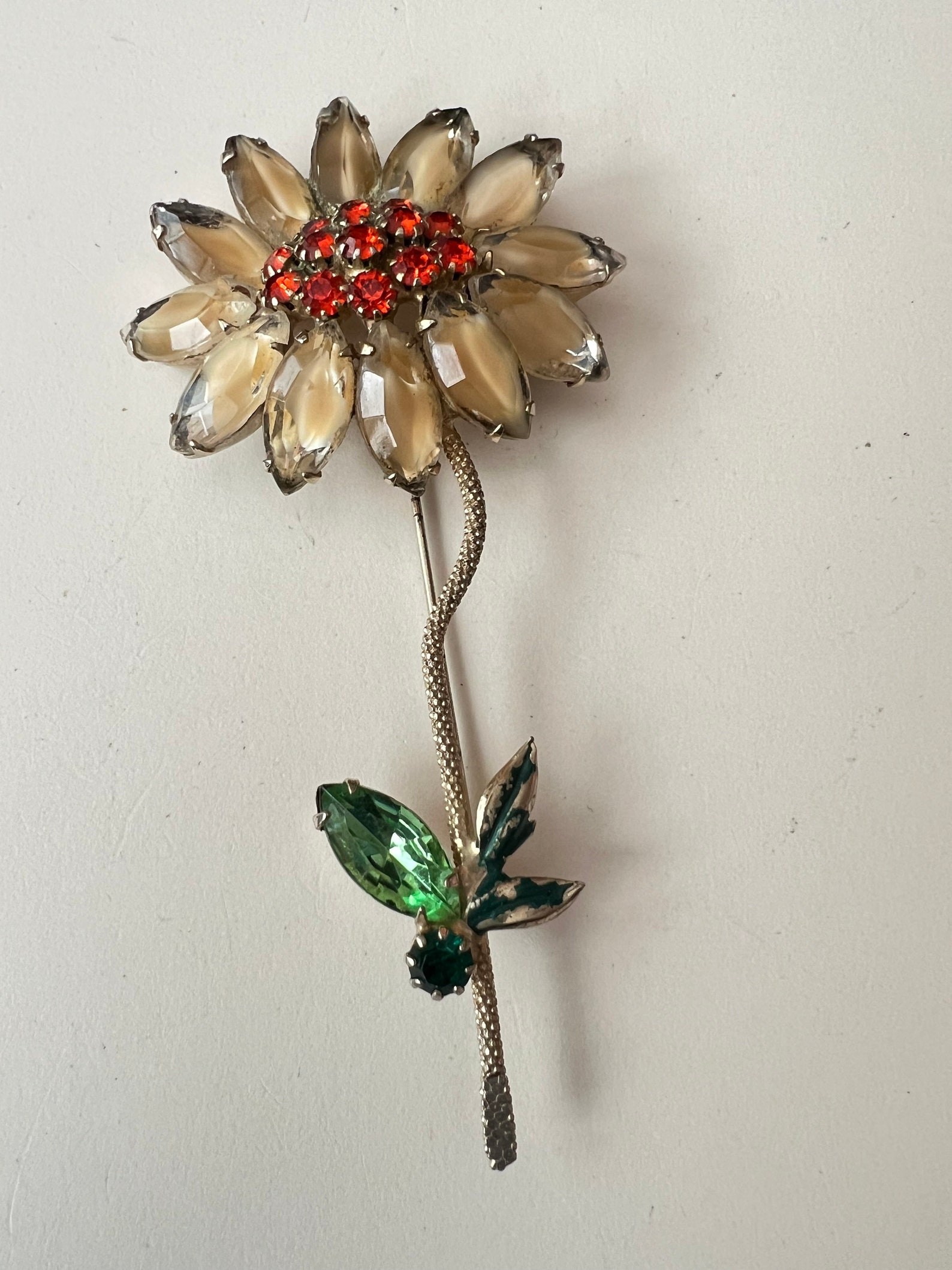 60s Vintage Rhinestone Flower Brooch Large Stemmed Flower Pin Givre