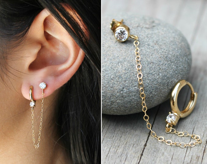 Connected Earrings, Gold Huggies Hoop & Cubic Zirconia Post Stud, Cz ...