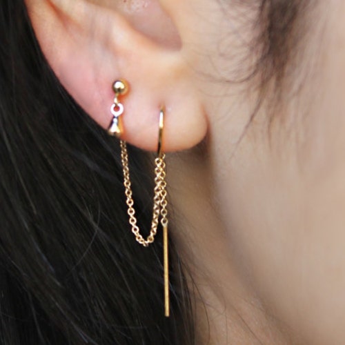 Hoop and Stud Double-piercings Set of Earrings 14k Gold - Etsy
