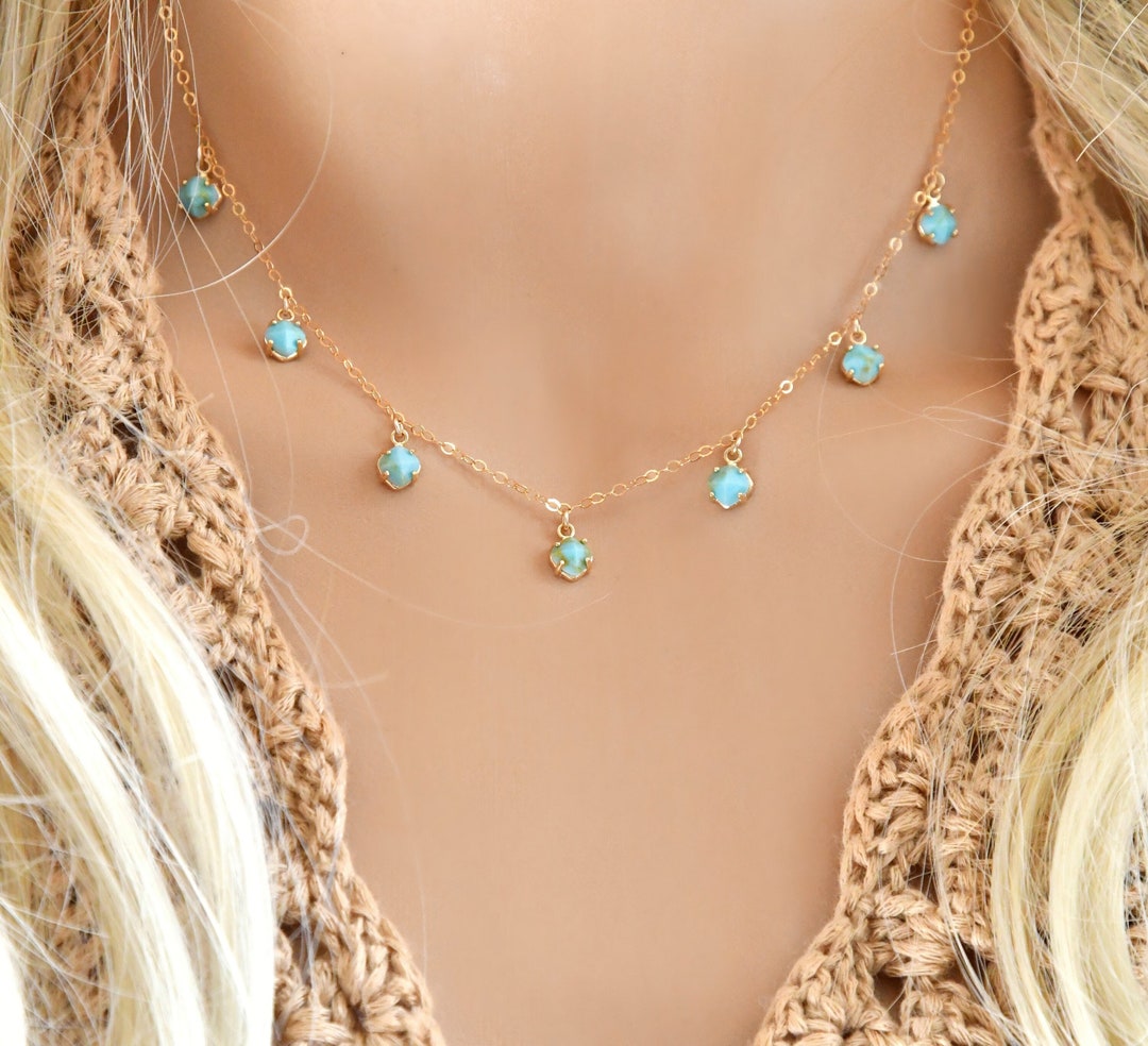 Turquoise Necklace, 14K Gold Filled Chain, Turquoise Charms, Layering ...