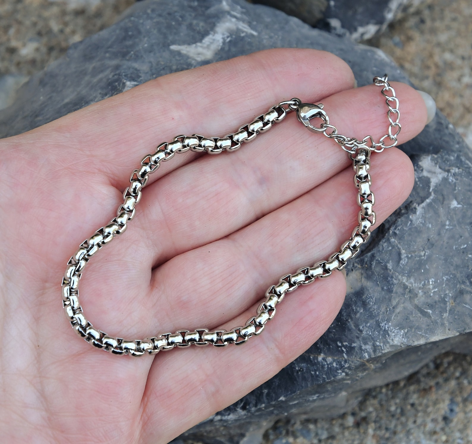 Men Bracelet, Stainless Steel Round Box Chain, Non Tarnish, Waterproof ...