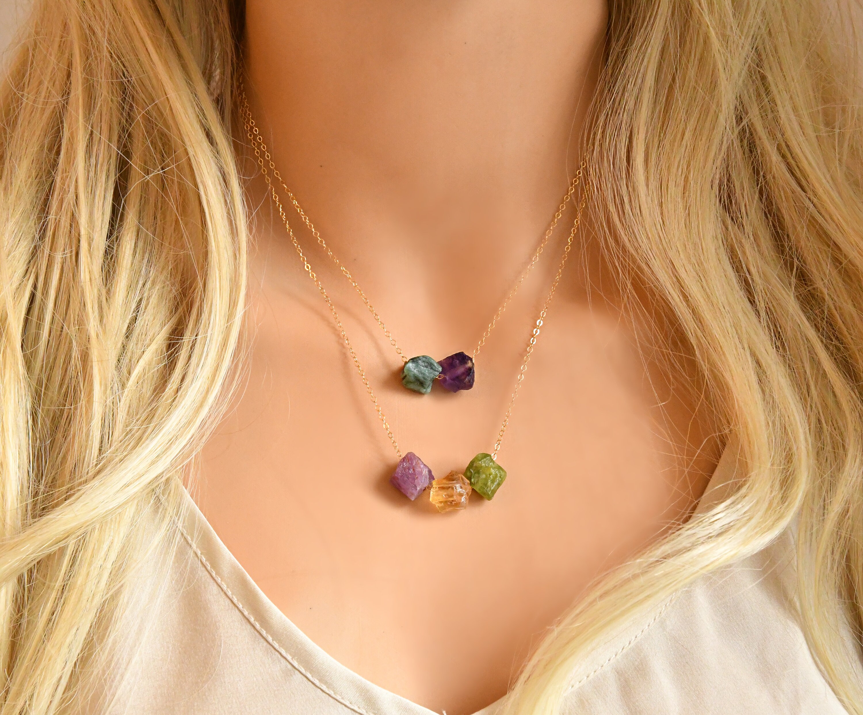 Birthstones Necklace, 14k Gold Filled Chain, Natural Raw Gemstones ...