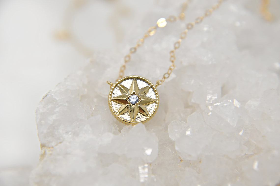 North Star Coin Necklace, 14k Gold Filled Chain, Celestial Starburst ...