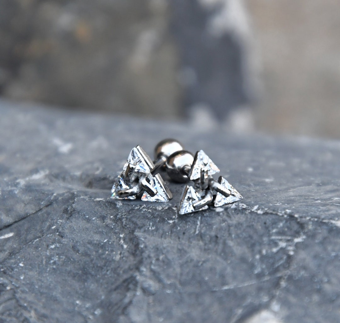Men's Stud Earrings, Triangle Stainless Steel Studs, Cubic Zirconia ...