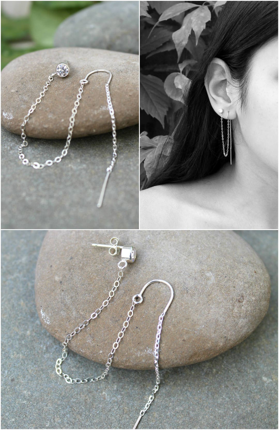 2-piercings Set Threader Earrings, 925 Sterling Silver, Threaded Thread ...