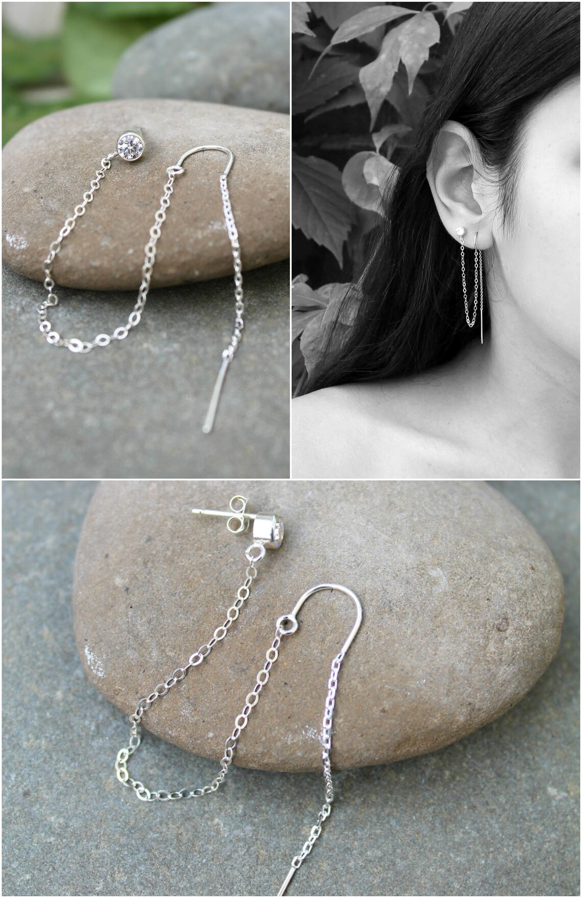 2-piercings Set Threader Earrings, 925 Sterling Silver, Threaded Thread ...