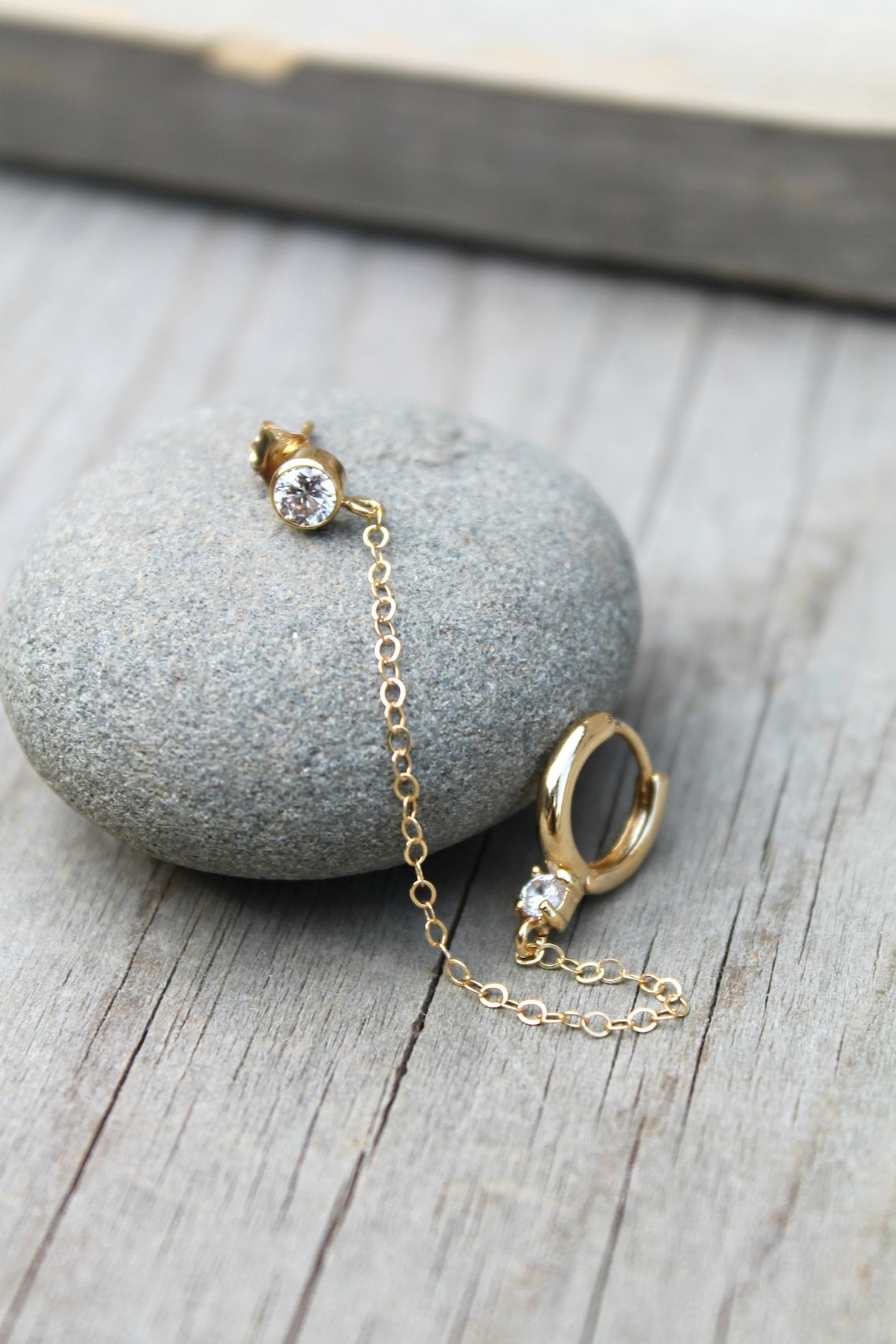 Connected Earrings Gold Huggies Hoop & Cubic Zirconia Post - Etsy