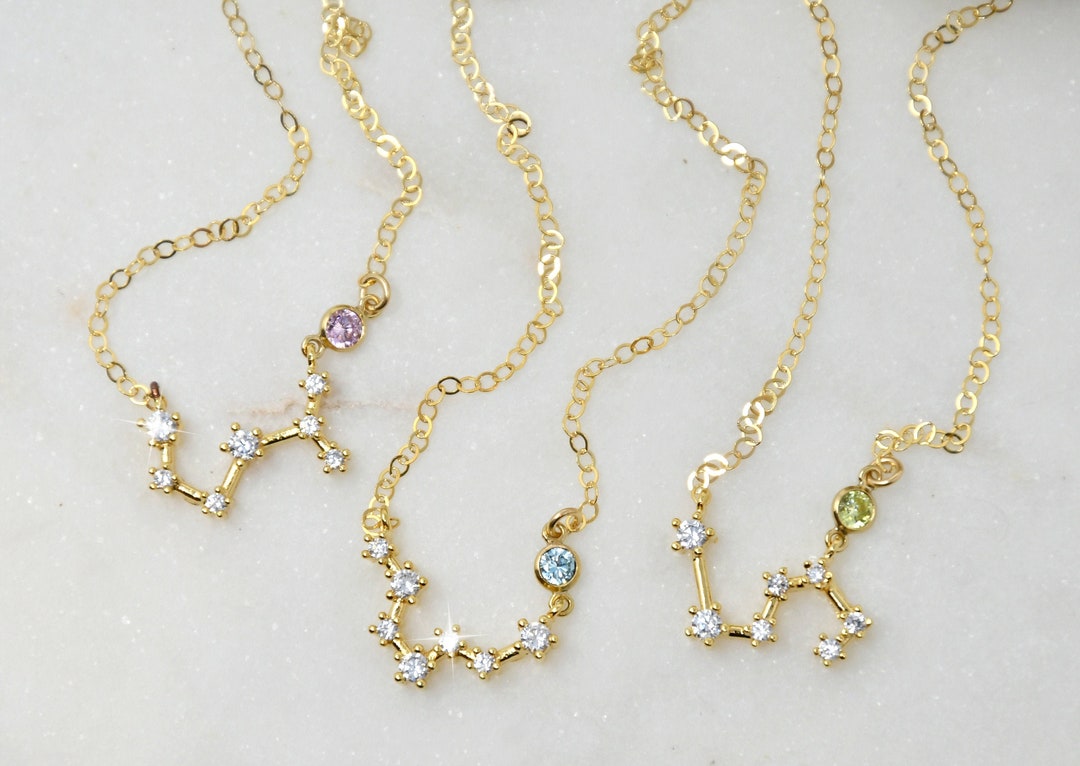 Celestial Constellation Necklace, Birthstones, Cubic Zirconia Diamonds ...