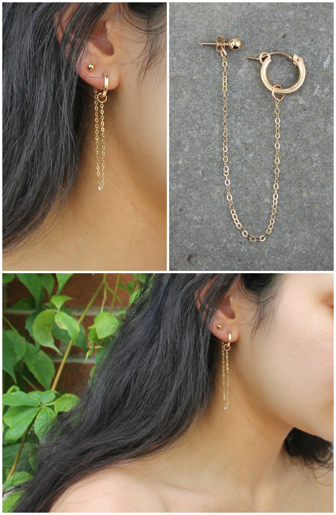 Hoop and Stud Double-piercings Set of Earrings 14k Gold - Etsy