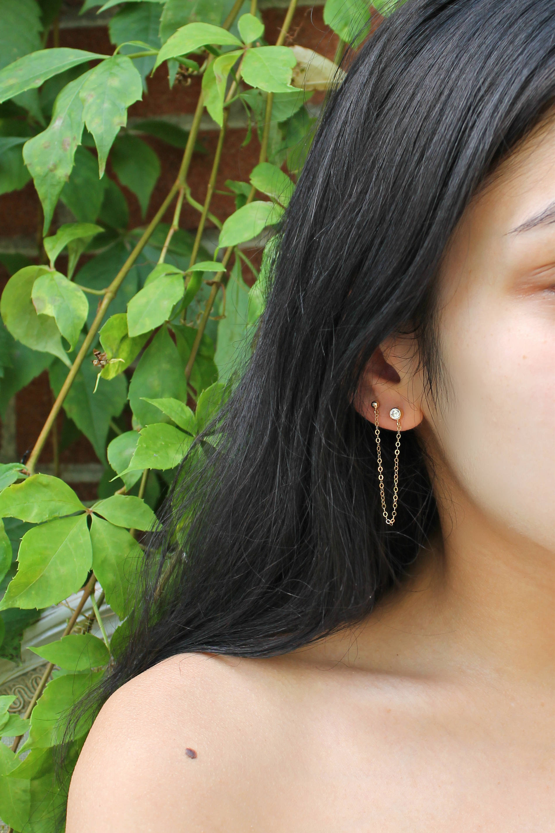 2-piercings, Set of Two Connected Earrings, 14k Gold Filled, Cz Cubic ...