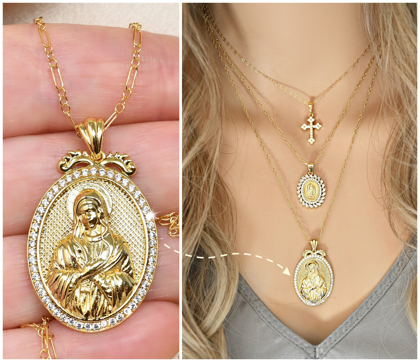 Virgin Mary Necklace, 14K Gold Filled Chain, Cubic Zirconia Diamonds ...