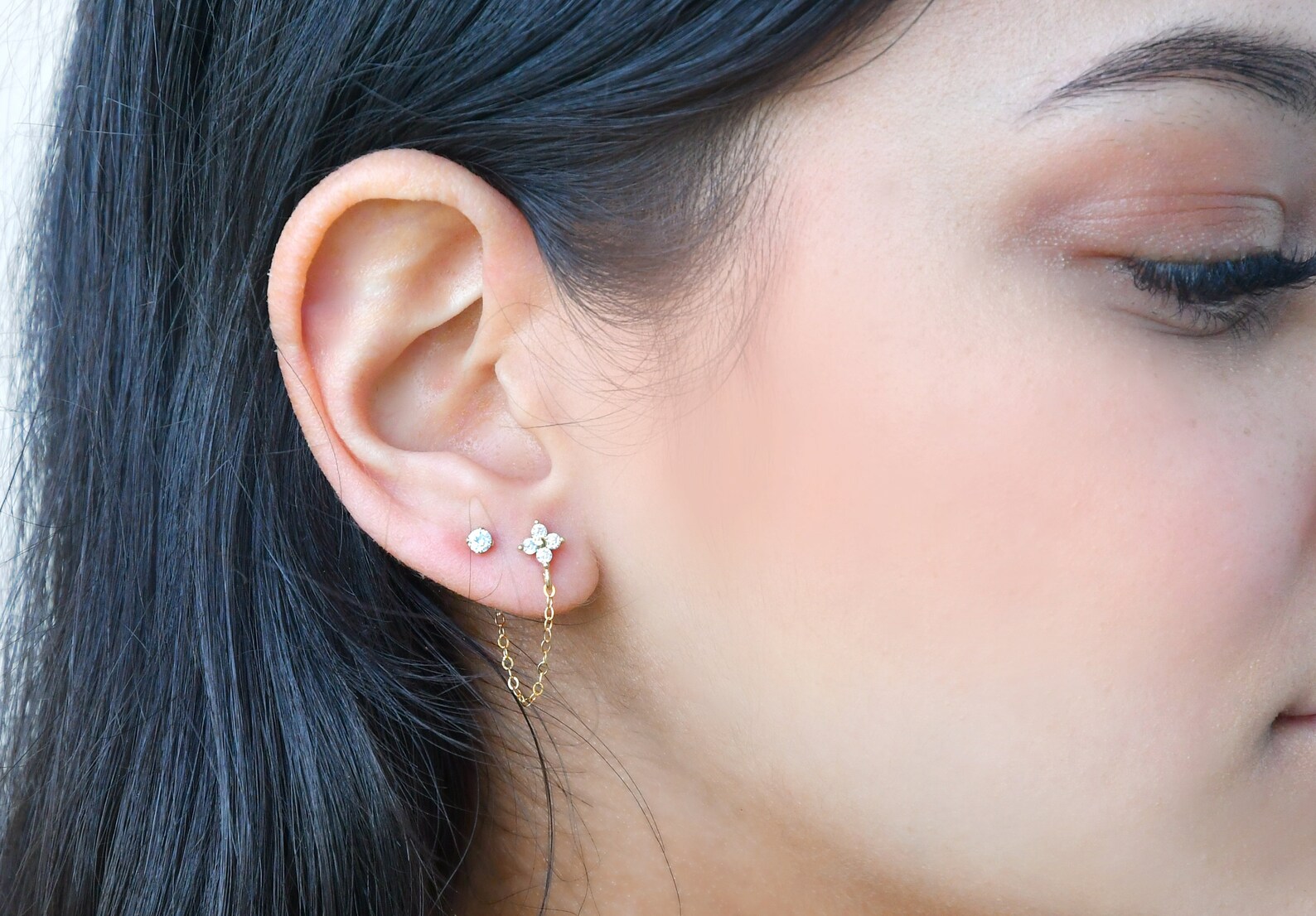 Flower Double-piercings Set, Two Connected Earrings, 14k Gold Filled ...