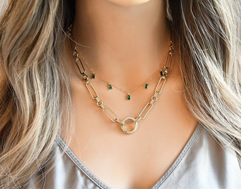 Emerald Green Necklace, 14K Gold Filled Chain, Emerald Cut Stones, Mini ...