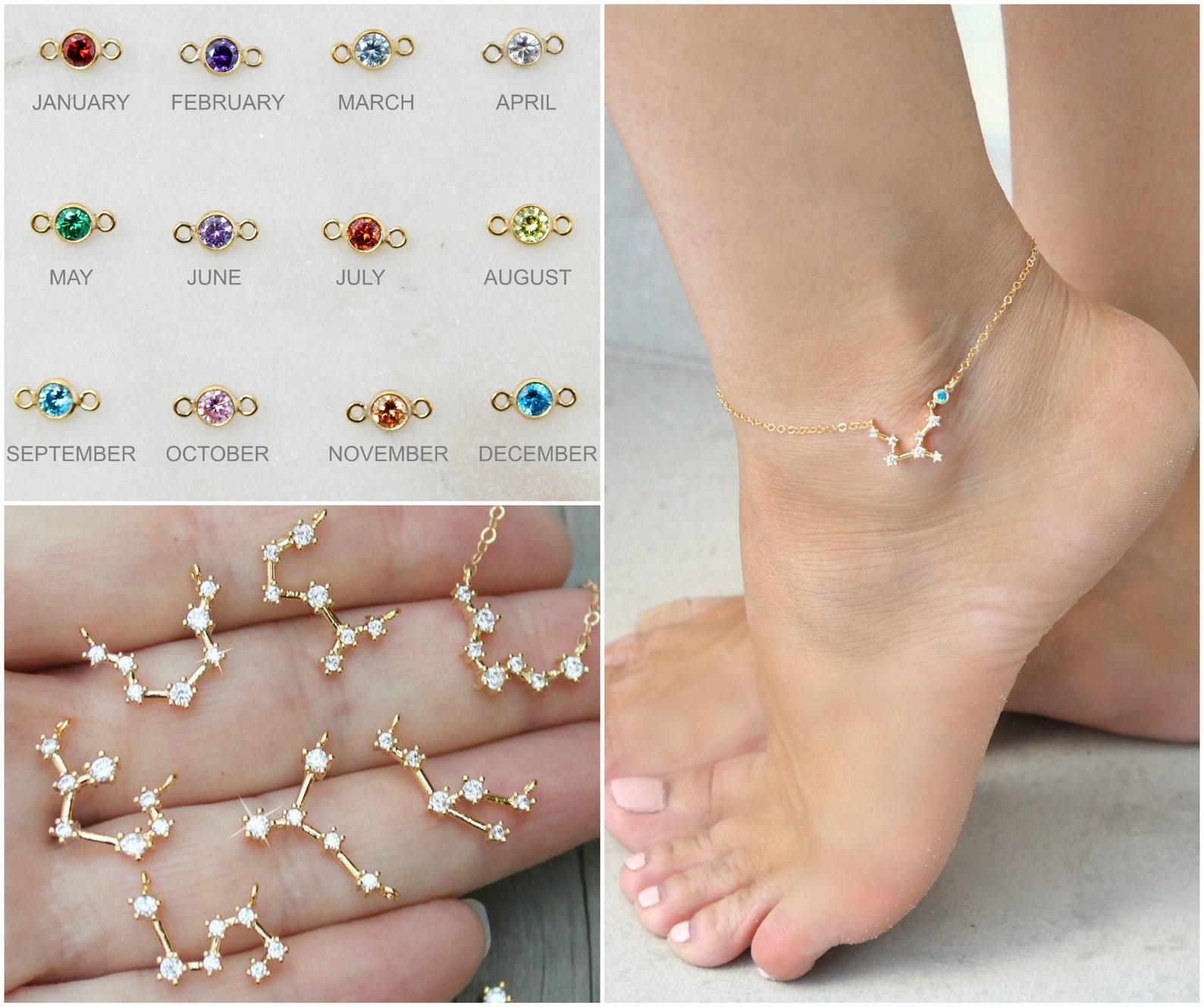 Celestial Constellation Anklet, Birthstones, Cubic Zirconia Diamonds ...