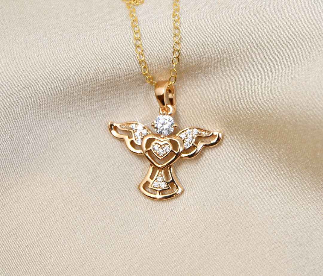 Guardian Angel Necklace, 14K Gold Filled Chain, Spread Out Angel Wings ...