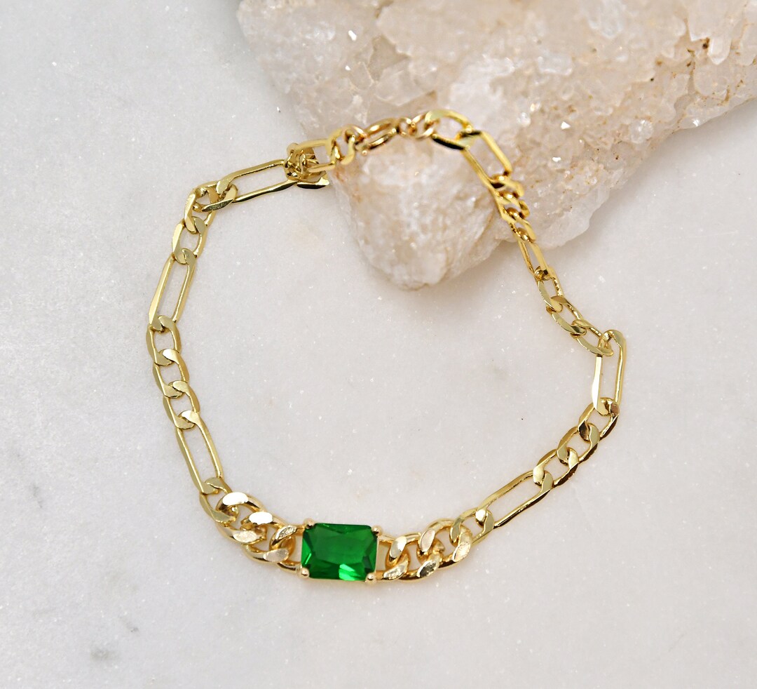 Emerald Green Gold Chain Bracelet, Emerald Cut Stone, Cuban Chain ...