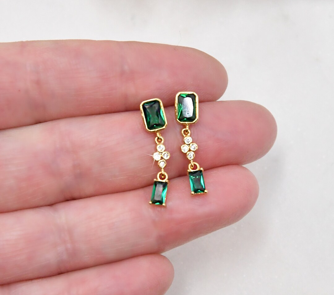 Emerald Green Gold Earrings Emerald Cut Stone Studs & - Etsy