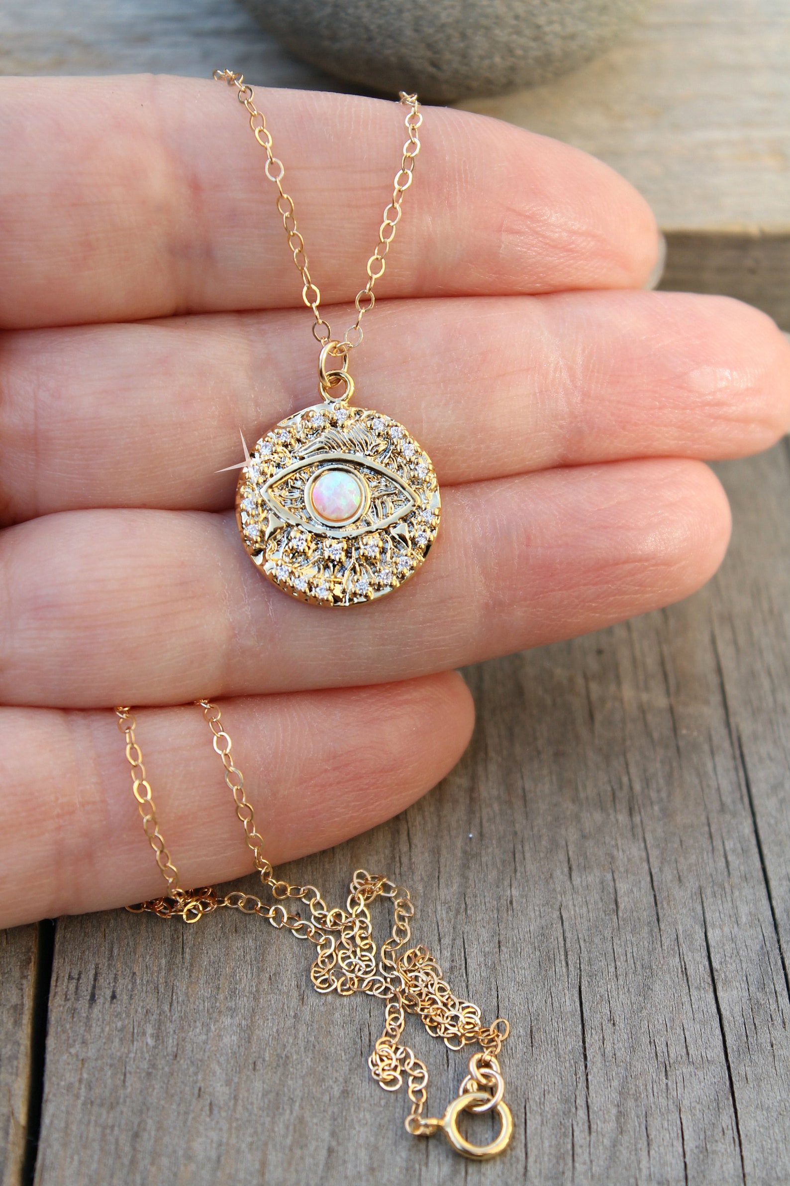 Evil Eye Opal Necklace Eye of Protection Coin Pendant | Etsy