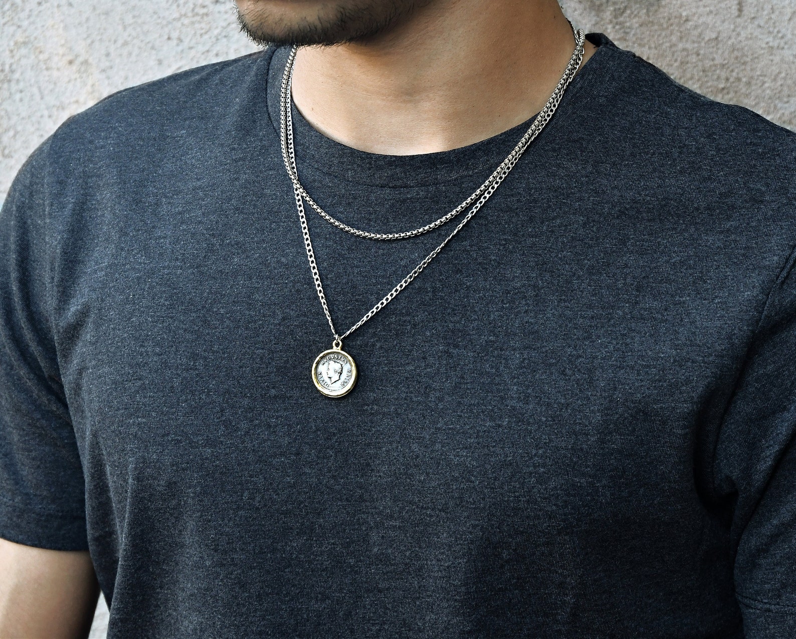 Coin Necklace for Men, Gold & Silver Plated Roman Augustus Pendant ...