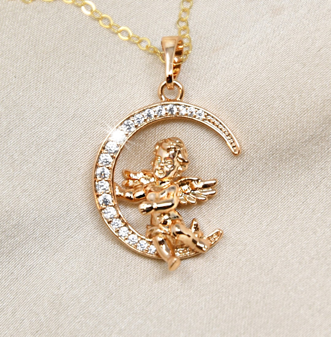 Angel Necklace, 14K Gold Filled Chain, Angel on the Moon, Cubic ...