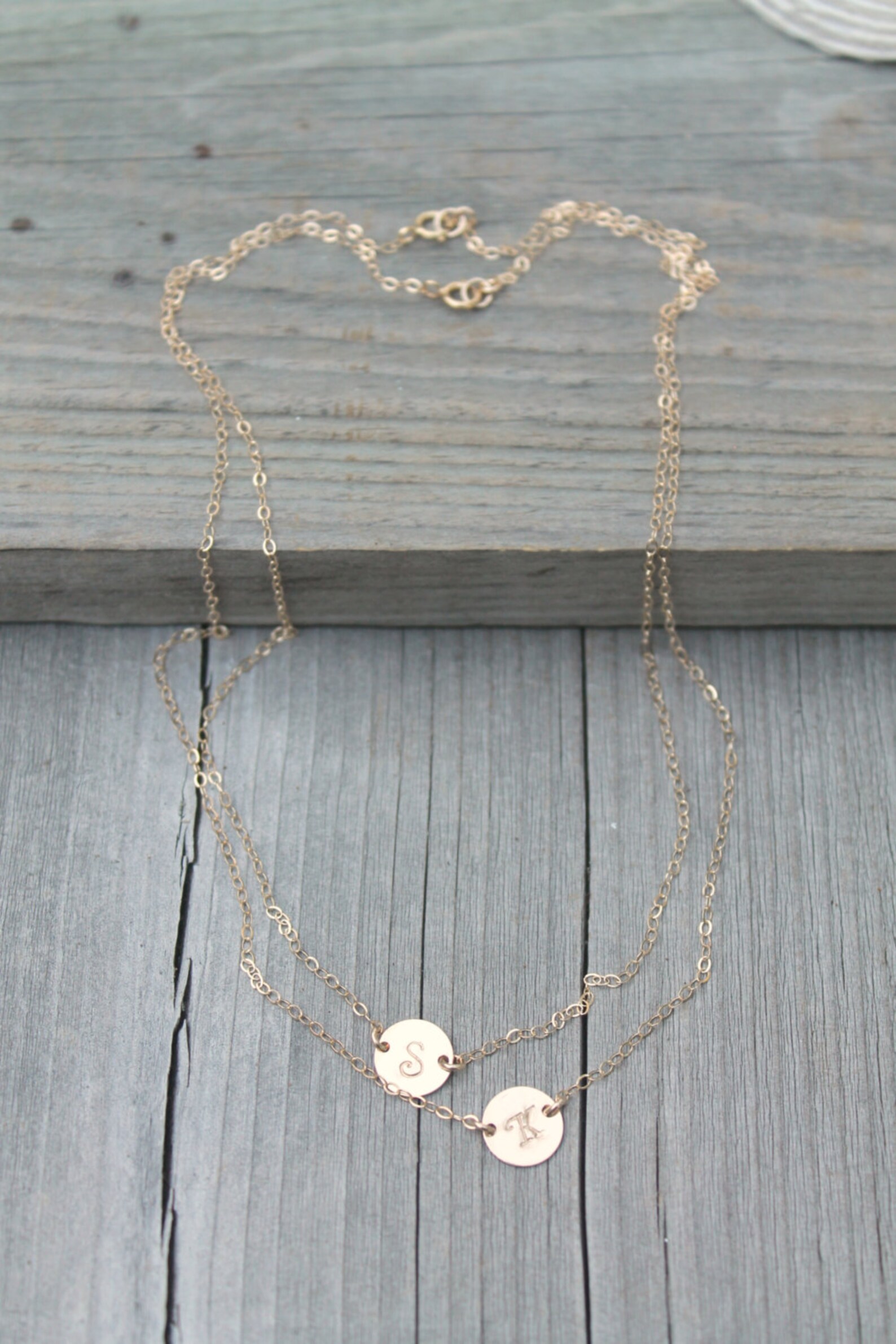 Layered 2 Initial Necklace, 14K Gold Filled, Two Personalized Discs ...