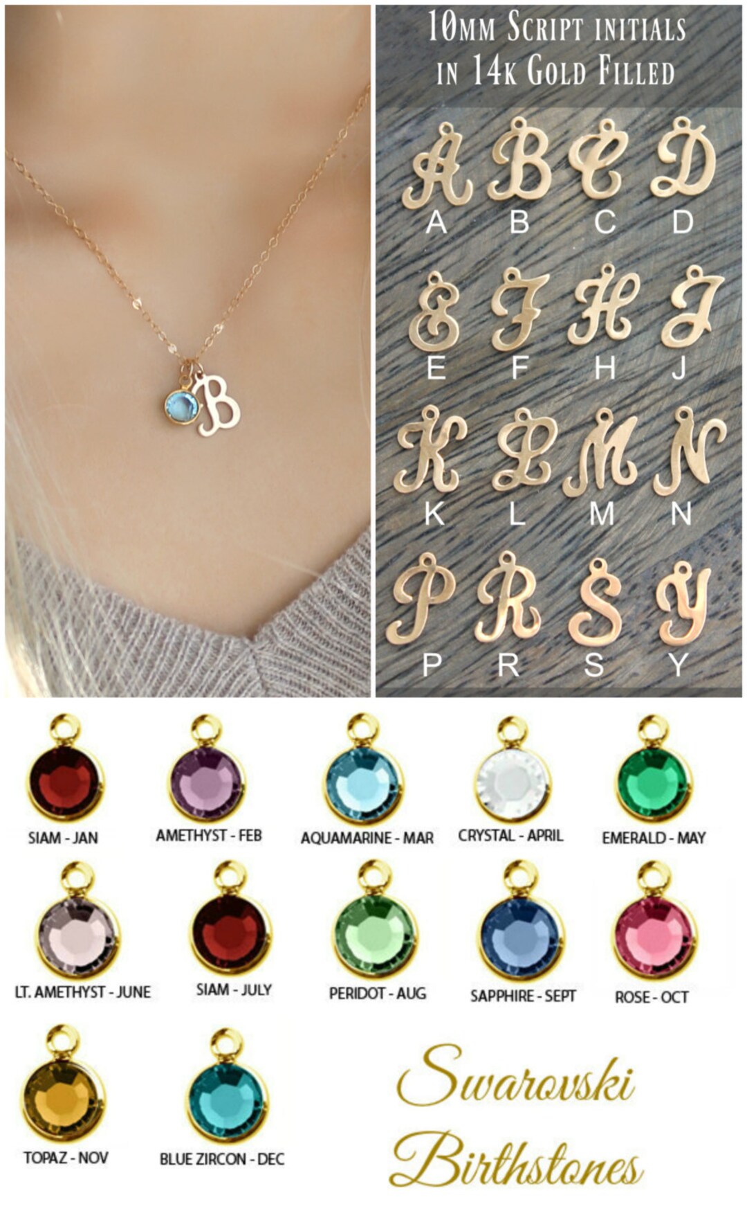 Script Letter Necklace, Personalized 14k Gold Filled Initial,swarovski ...