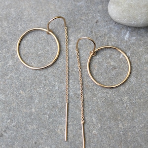 Threader Earrings, 14k Gold Filled Threaded Thread With Eternity Circle Ring, Pair Dangle Drop ...