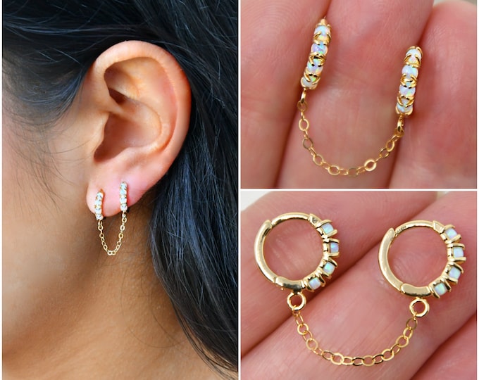 Connected Opal Hoops, Gold Huggies Hoop Earrings, Double-piercings Set ...