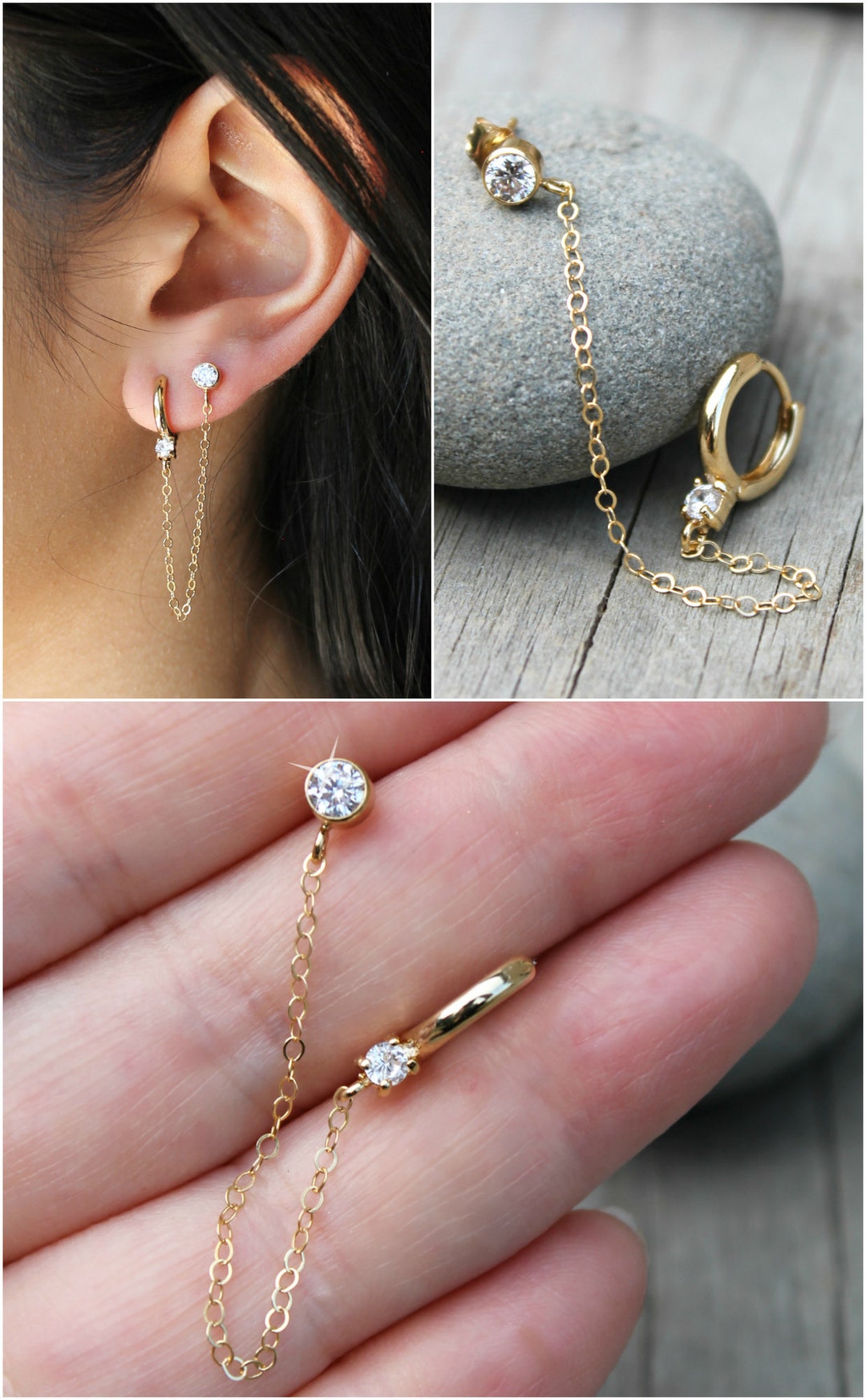 Connected Earrings, Gold Huggies Hoop & Cubic Zirconia Post Stud, Cz ... Connected Earrings, Gold Huggies Hoop & Cubic Zirconia Post Stud, Cz ...